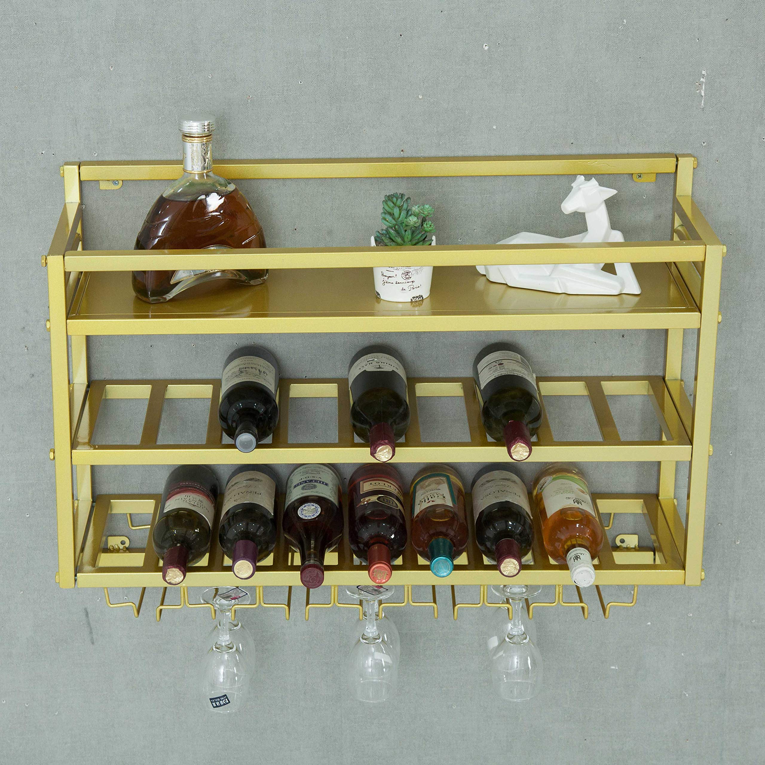 Modern 3-Tier Wall-Mounted Wine Rack, 20 Bottles and Glass Holder, Metal Wine Storage Rack Organizer, Wine Display Shelf for Home Kitchen Bar Restaurant (L: 31.5'', Gold)