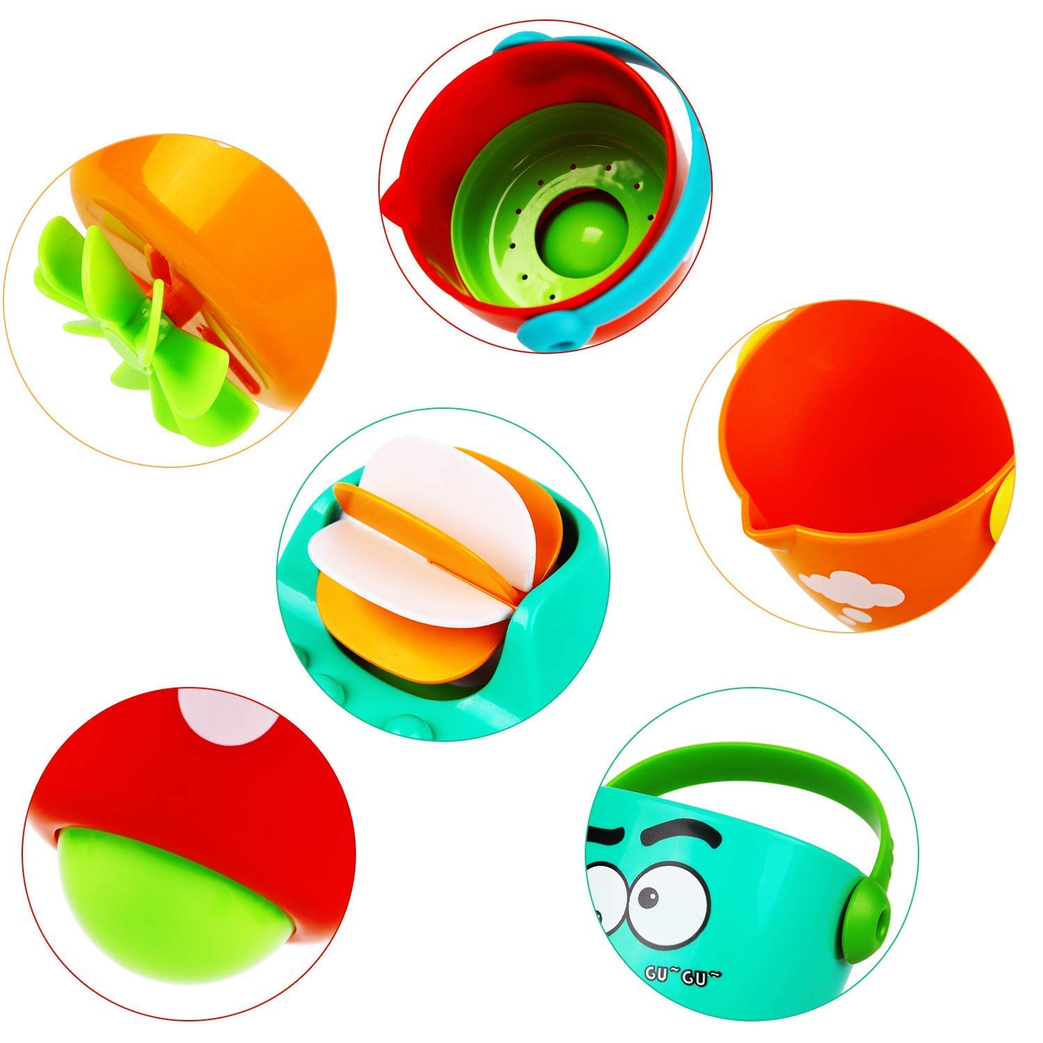 Hey Kiddo Educational Bath Toys Waterfall Bath Stackable Cups with Wheel for Toddlers with Rubber Handles, (3 Pieces)