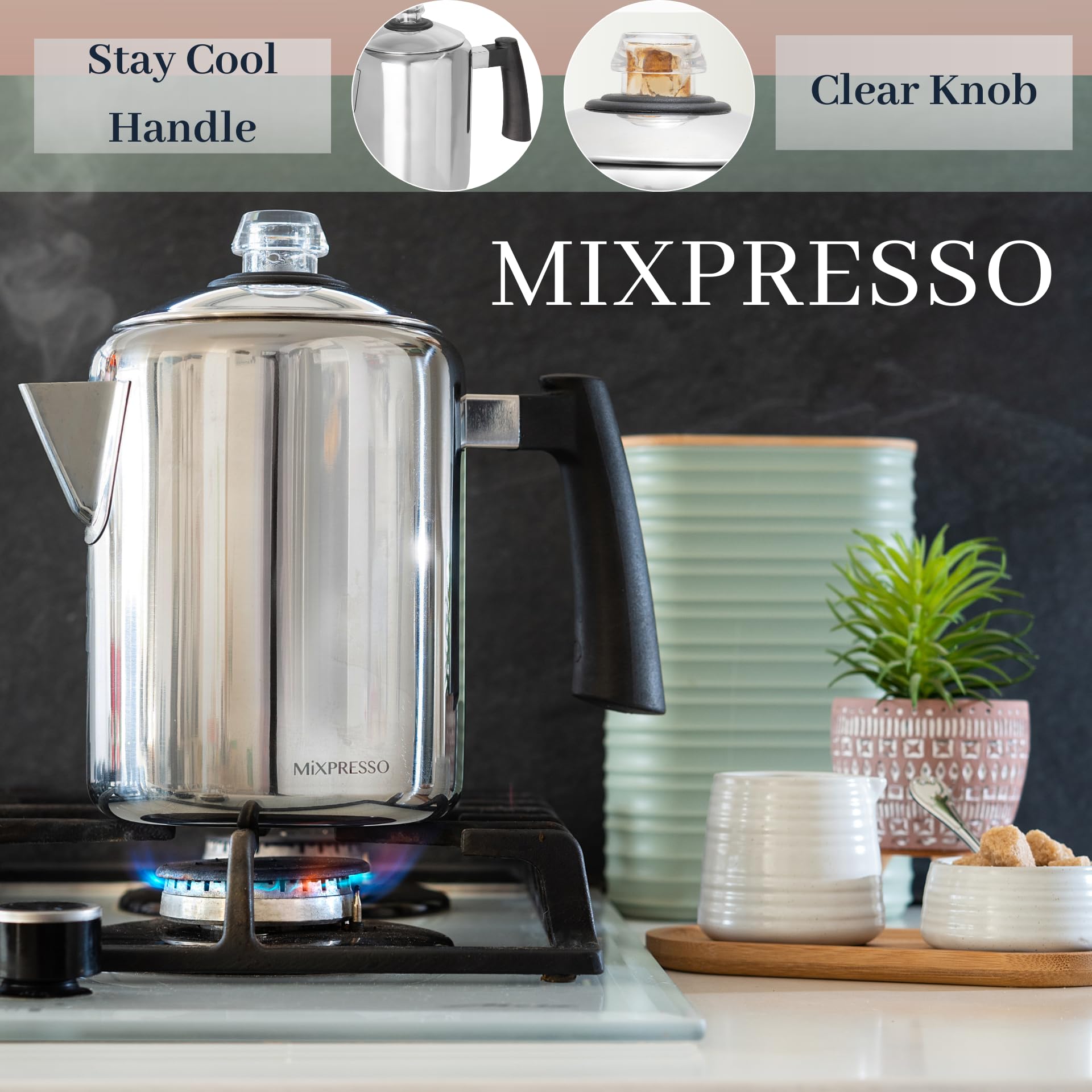 Mixpresso Stainless Steel Stovetop Coffee Percolator, Percolator Coffee Pot, Excellent For Camping Coffee Pot, 5-8 Cup Coffee Maker, Stainless Steel Coffee Percolator