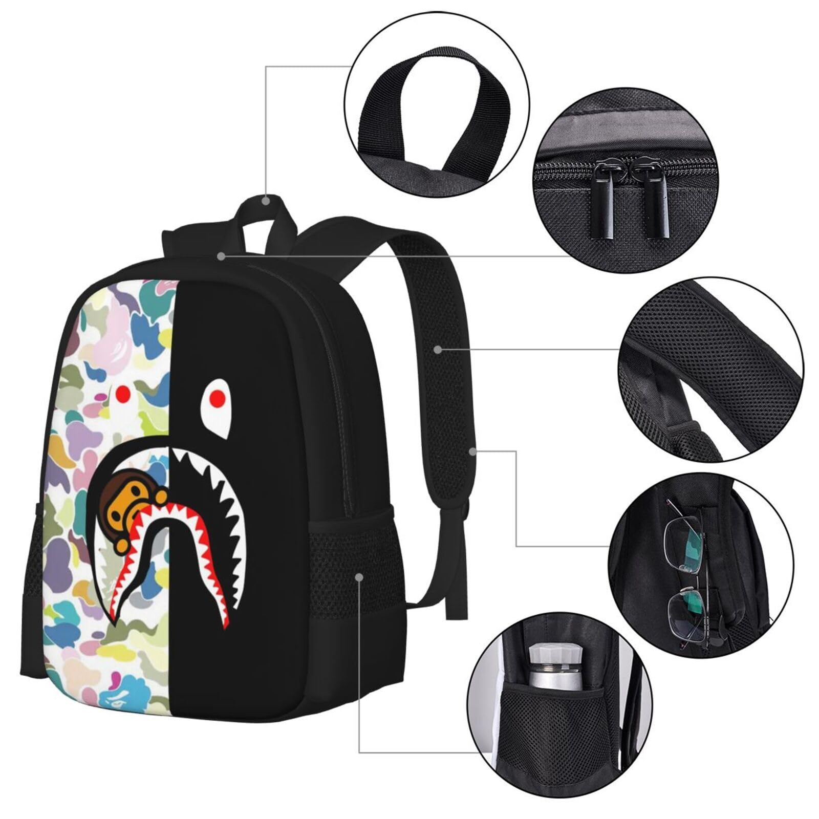 KAJUE Shark Camo Backpack 3 Piece Set with Lunch Box Pencil Case For Boys Girls Teens Men Women Daypack 17 Inch