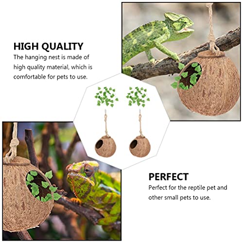 M I A 2 Pcs Crested Gecko Hut with 2 Vines Hanging Coconut Shell Reptile Treat Food Dispenser Bird Nest Reptile Hide Cave Lizard Nesting Hideout for Small Animal Random Color