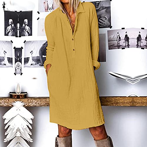 Lightweight Shift Dress for Women Button V Neck Lapel Collar Loose Dress Solid Color Pockets Loose Dress