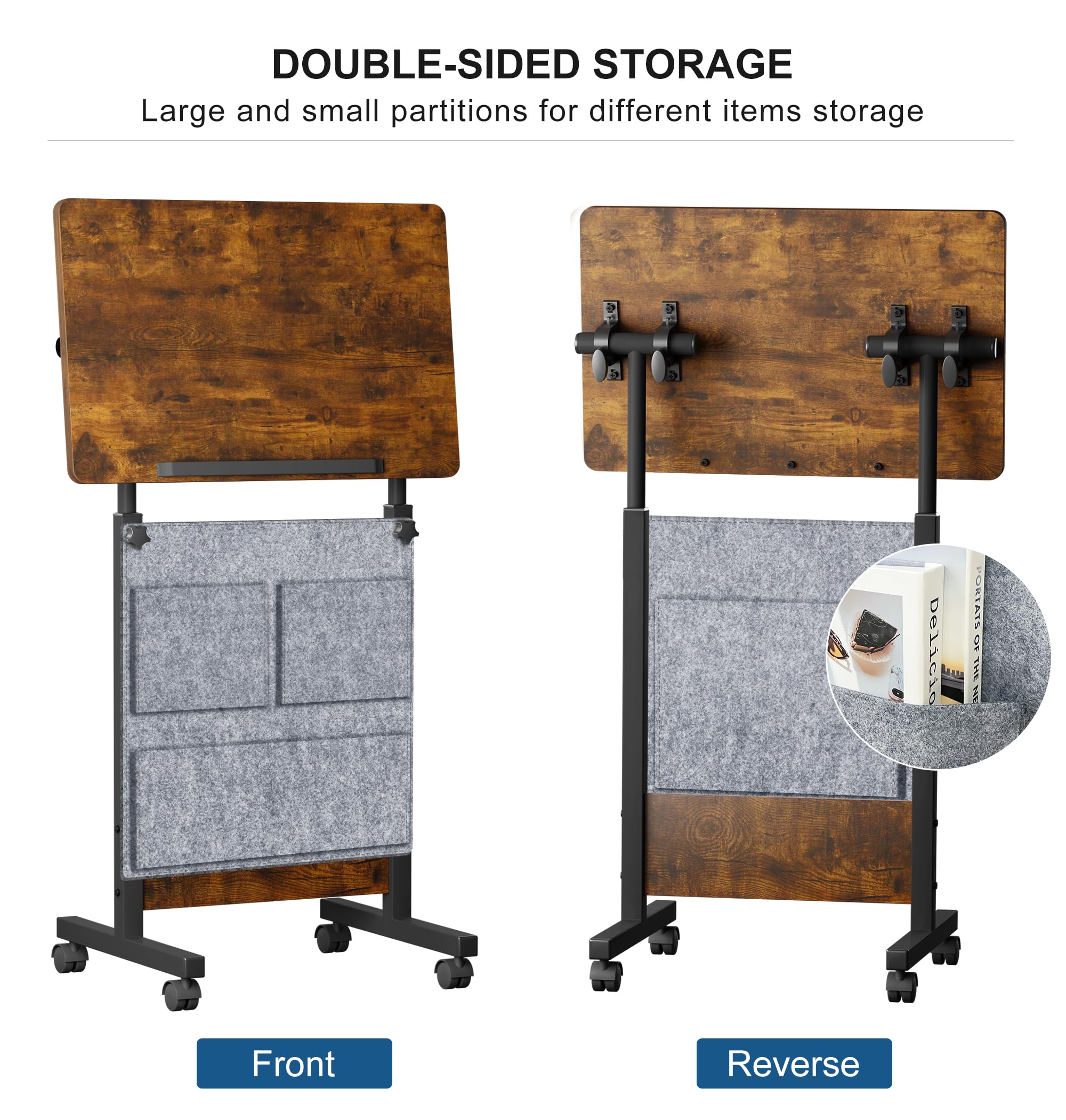 KOUPA Height Adjustable Standing Desk with Storage Bag 16 x 24 in, Portable Rolling Mobile Stand Up Table with Wheels, 360° Flip Laptop Computer Desk for Home Office, Rustic Brown