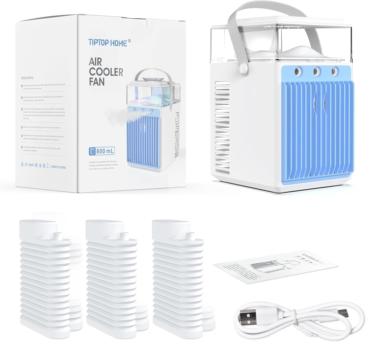 Portable Air Conditioners,4 in 1 Rechargeable Evaporative Personal Air Cooler APP Remote Control Humidifier with 6 Ice Boxes, 3 Speeds Mini AC with LED, Air Conditioner Desktop Cooling Fan for Bedroom