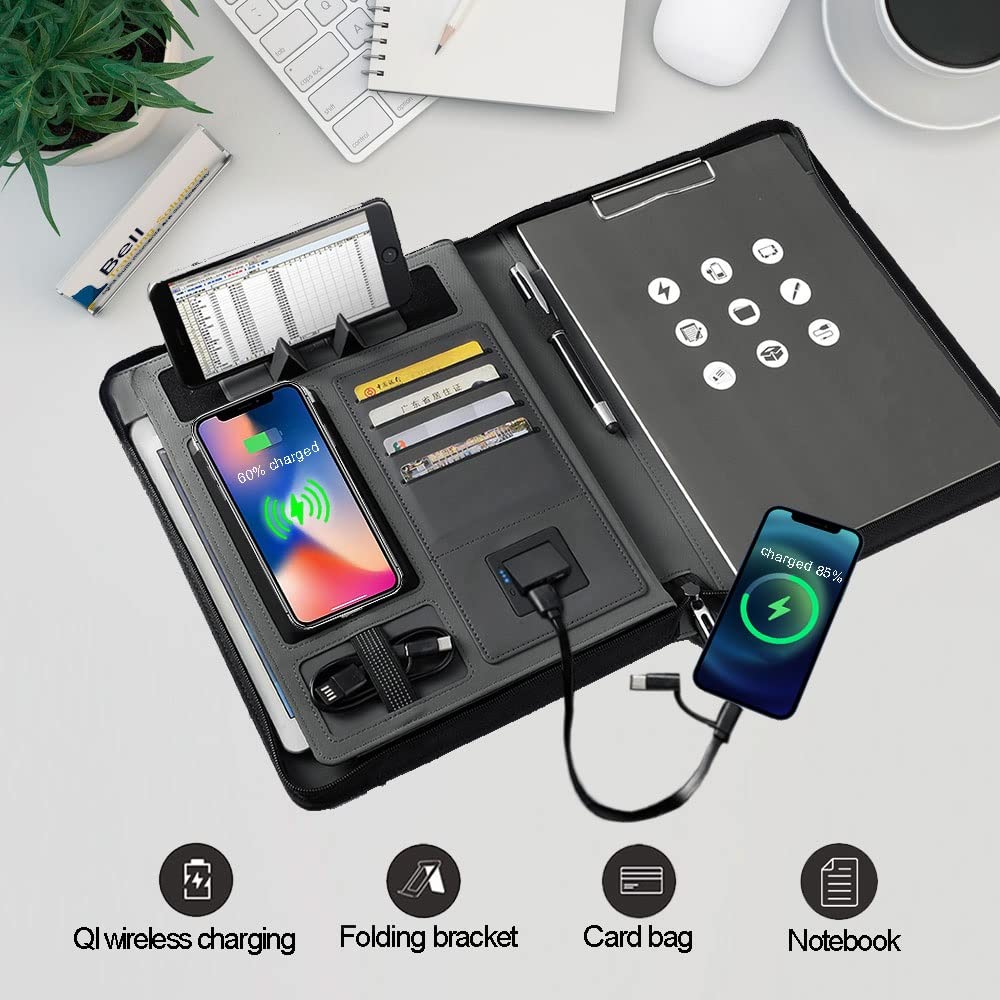 HOUKAI A4 Charging Portfolio Folder Multifunction Zipper Binder with 6000mah Power Office Notebook Organizer (Color : E)
