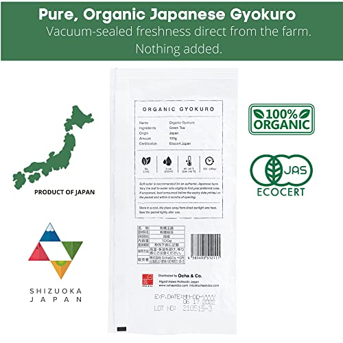 Ocha & Co. Organic Gyokuro β Shade Grown Japanese Loose Leaf β Smooth Umami-Rich Aromatic Organic green tea from Japan, 100g/3.5oz.