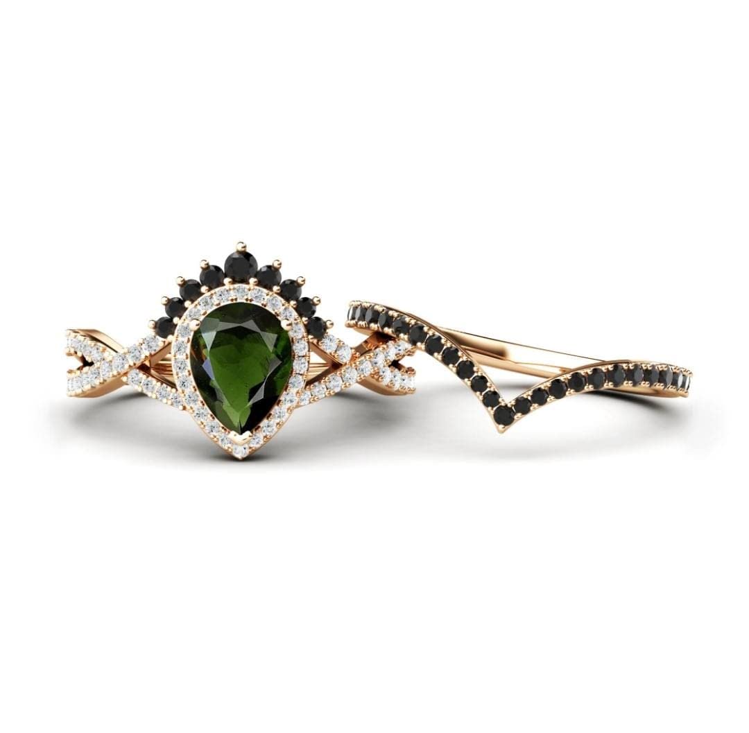 Moldavite Engagement Ring, Antique Moldavite Wedding Ring, Pear Shape Moldavite Bridal Ring Set, Unique Promise Anniversary Ring Set For Her (Rose Gold, 12)