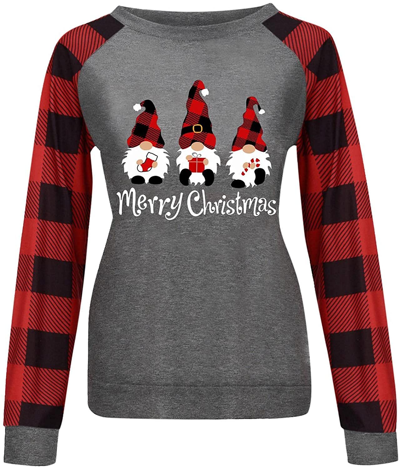 Lilychan Womens Merrry Christmas Thanksgiving Sweatshirts Xmas Plaid Tree Printed Shirts Long Sleeve Lightweight Pullover Shirts (Grey-C, X-Large)