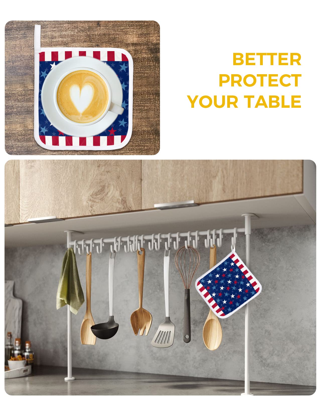 Memorial Day 2 Pack Pot Holders Heat Insulation Hot Pads, USA Patriotic Star Washable Oven Pot Holder Set for Kitchen Blue Red White Stars Potholders for Baking Cooking Dining Table