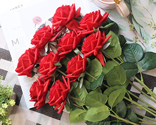 JOEJISN Artificial Flower Roses Fake Roses 12pcs Real Touch Artificial Roses Silk Artificial Roses Long Stem Bridal Wedding Bouquet for Home Garden Office Wedding Decorations (Red)