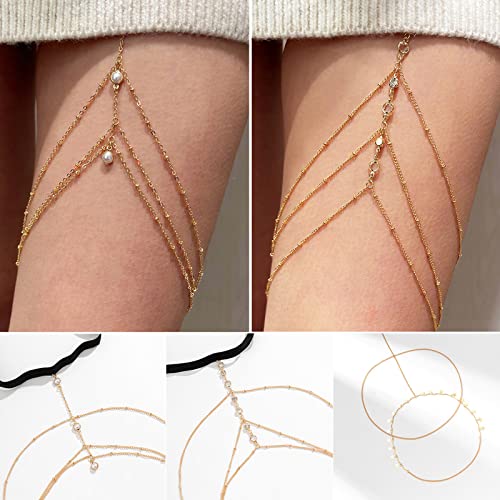 Lirgoriy Sexy Beach Multi-layer Leg Chain Pearl Thigh Chain Elasticity Thigh Leg Chain Boho Summer Bikini Body Jewelry for Women (Gold Multi-layer Thigh Chain)