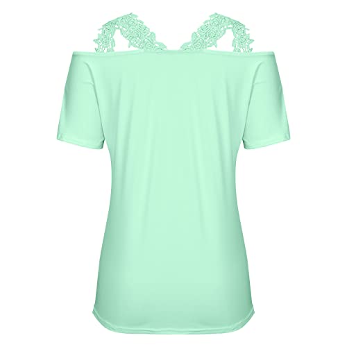 SMIDOW Lace Trim Cold Shoulder t Shirt for Women 2023 Summer Causal Solid Tops Sexy Elegant Blouses