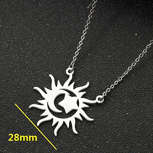 Mountain Forest Necklace Personalized Geometric Round Stainless Steel Hollow Pendant Clavicle Chain Ladies Necklace (Sun-Silver 2)