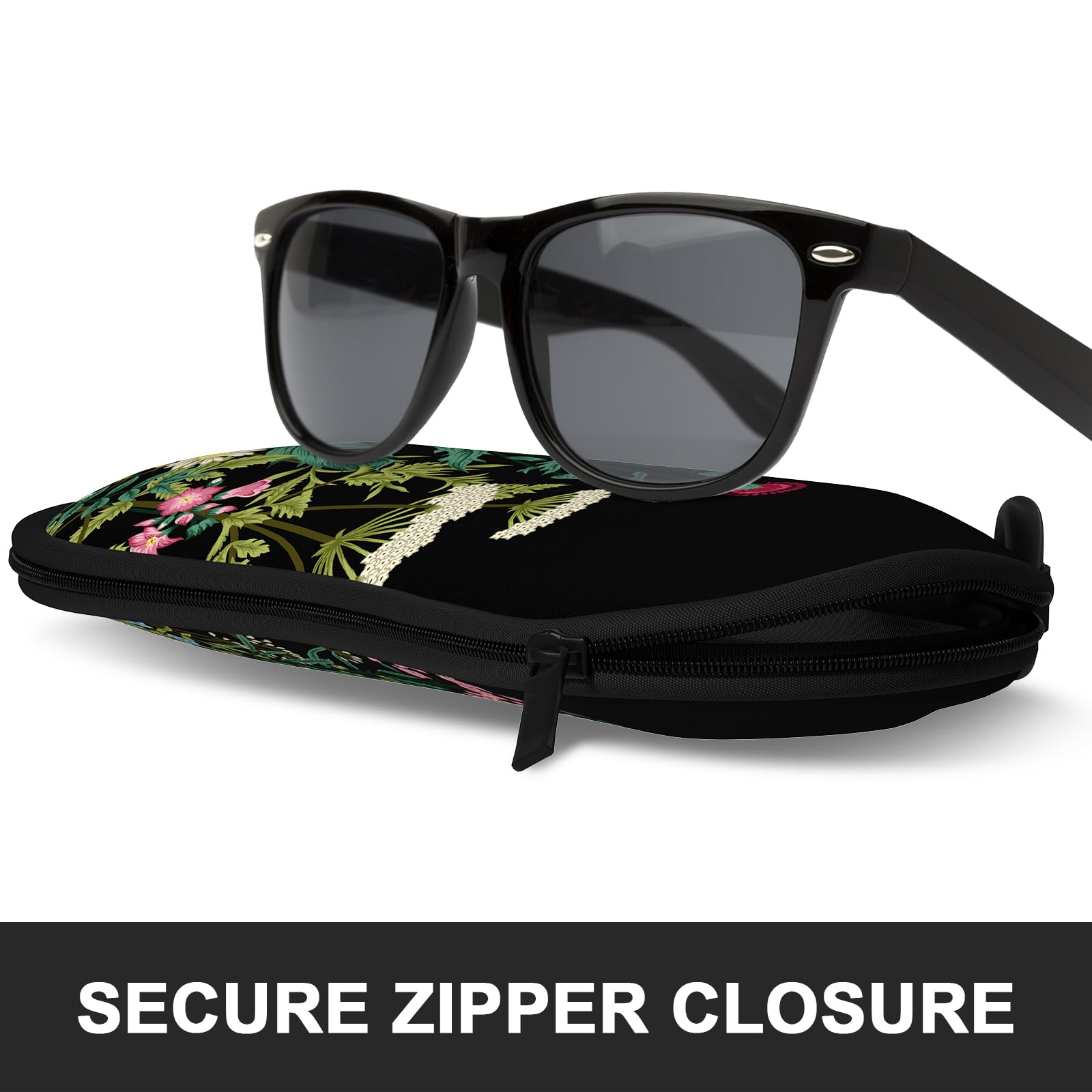 NPOOYI Sunglasses Soft Case, Ultra Light Portable Neoprene Zipper Glasses Case, Eyeglass Case with Carabiner for Men Women, Wild Flower