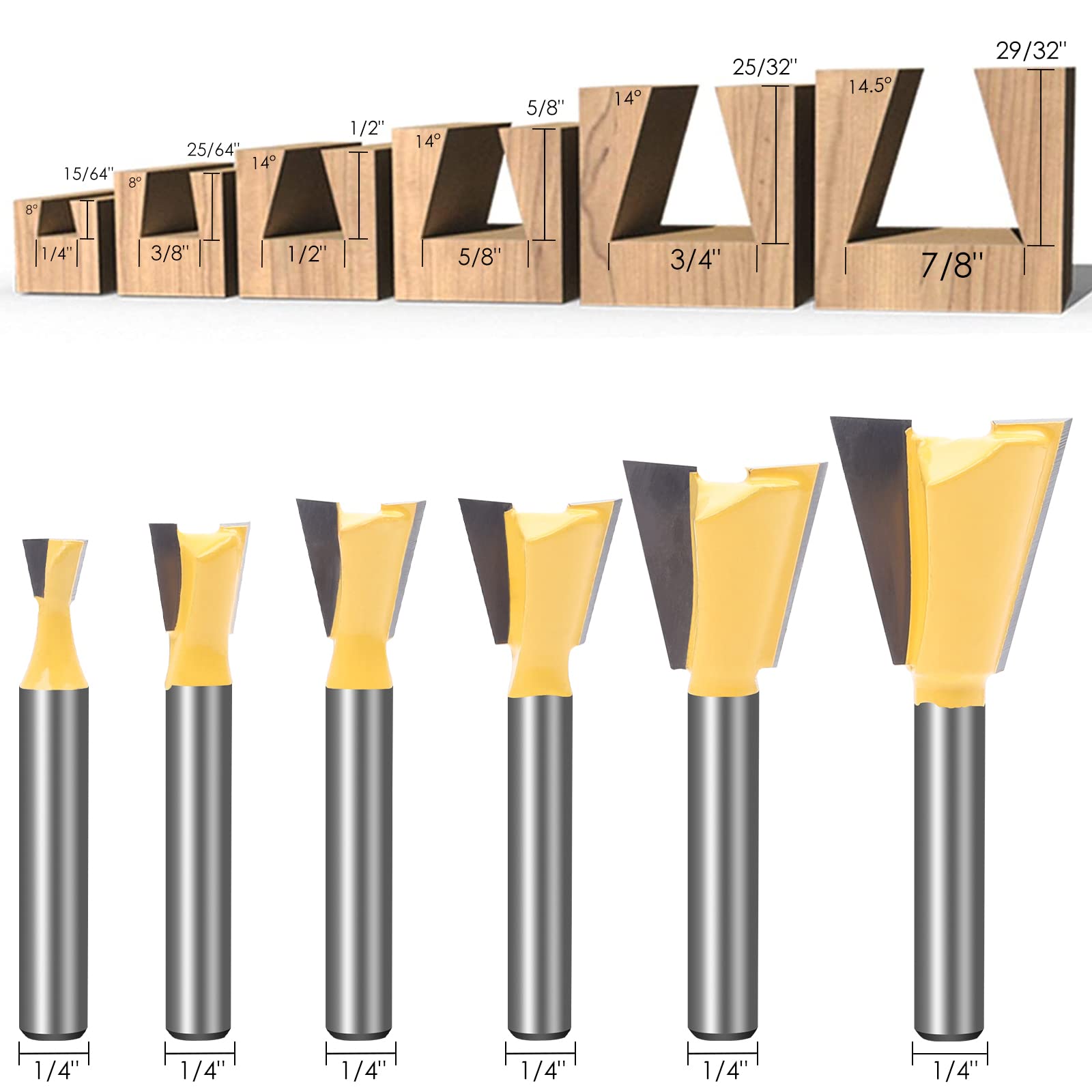 KOWOOD Dovetail Router Bit Set 6 Sizes with 1/4 Inch Shank ,Cutting Dia in 1/4" 3/8" 1/2" 5/8" 3/4" 7/8" Wood Milling Cutter Tool for Making Boxes Drawers Chests,Great for Craftsman Woodworking