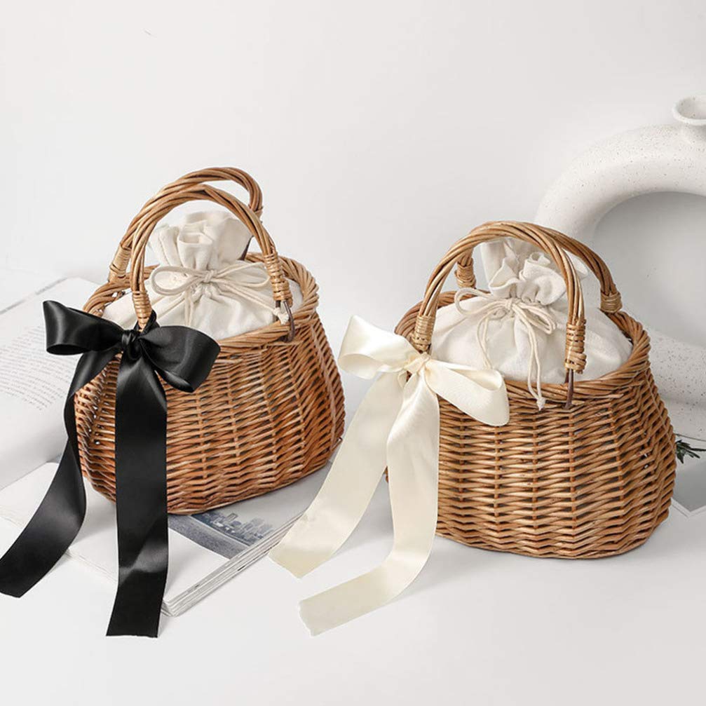 LIOOBO Rattan Woven Bag with Bow, Boho Style Beach Bag Flower Basket - Straw Bags Handle Wicker Baskets Handbags