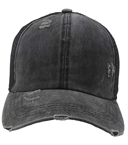 KKMKSHHG Criss Cross Baseball Caps, Women Ponytail Mesh Hat Distressed High Messy Bun Trucker Ponycap Black