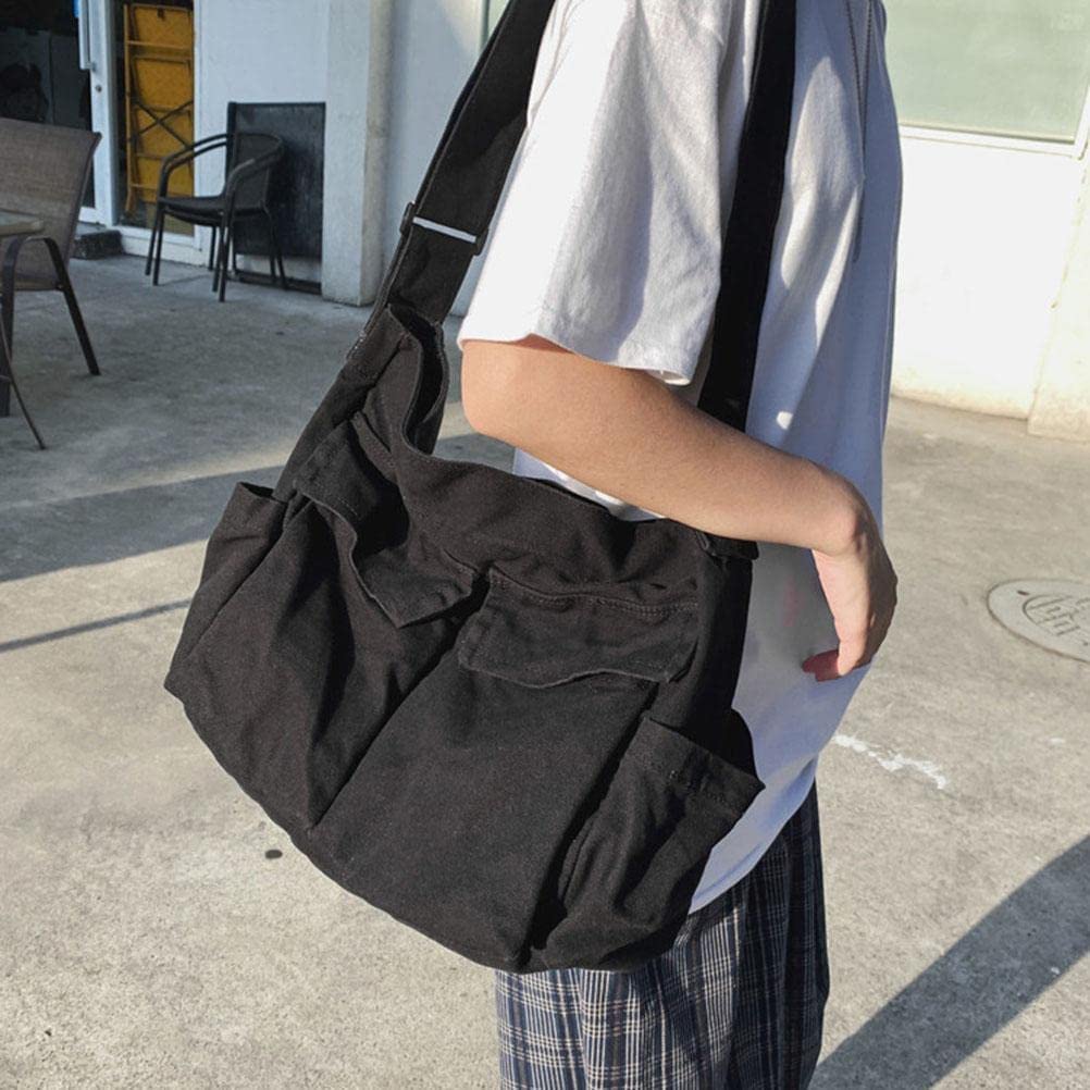 Messenger Bag Unisex Canvas Shoulder Bag Large Capacity Crossbody Bag with Multiple Pockets Vintage Hobo Shoulder Tote Bag (black)