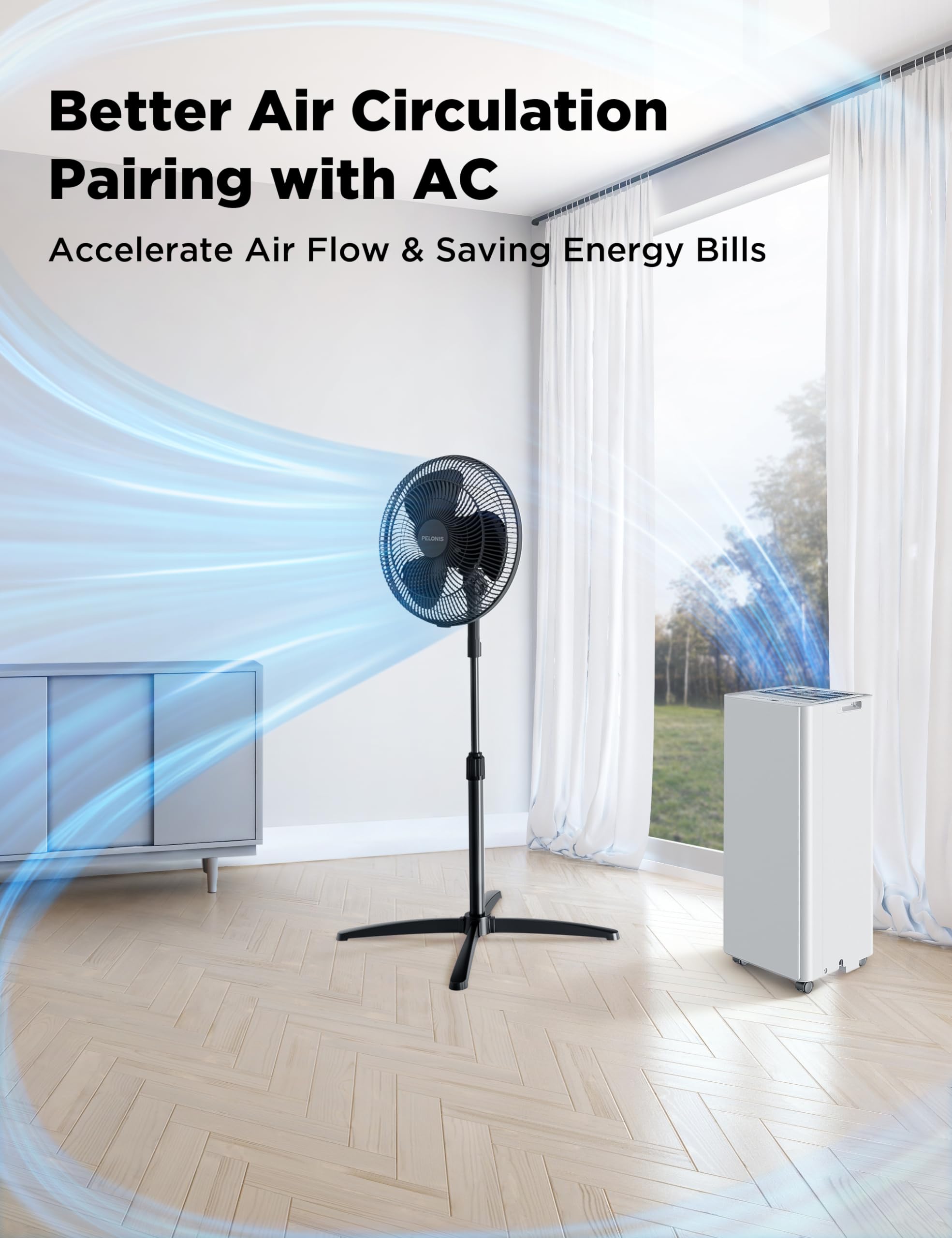 PELONIS 16ββ Pedestal Stand Up Oscillating Fan with 3 Speeds Settings Ultra Quiet Adjustable Heights for Bedroom, Living Room, Home and Office 2 Packs Black