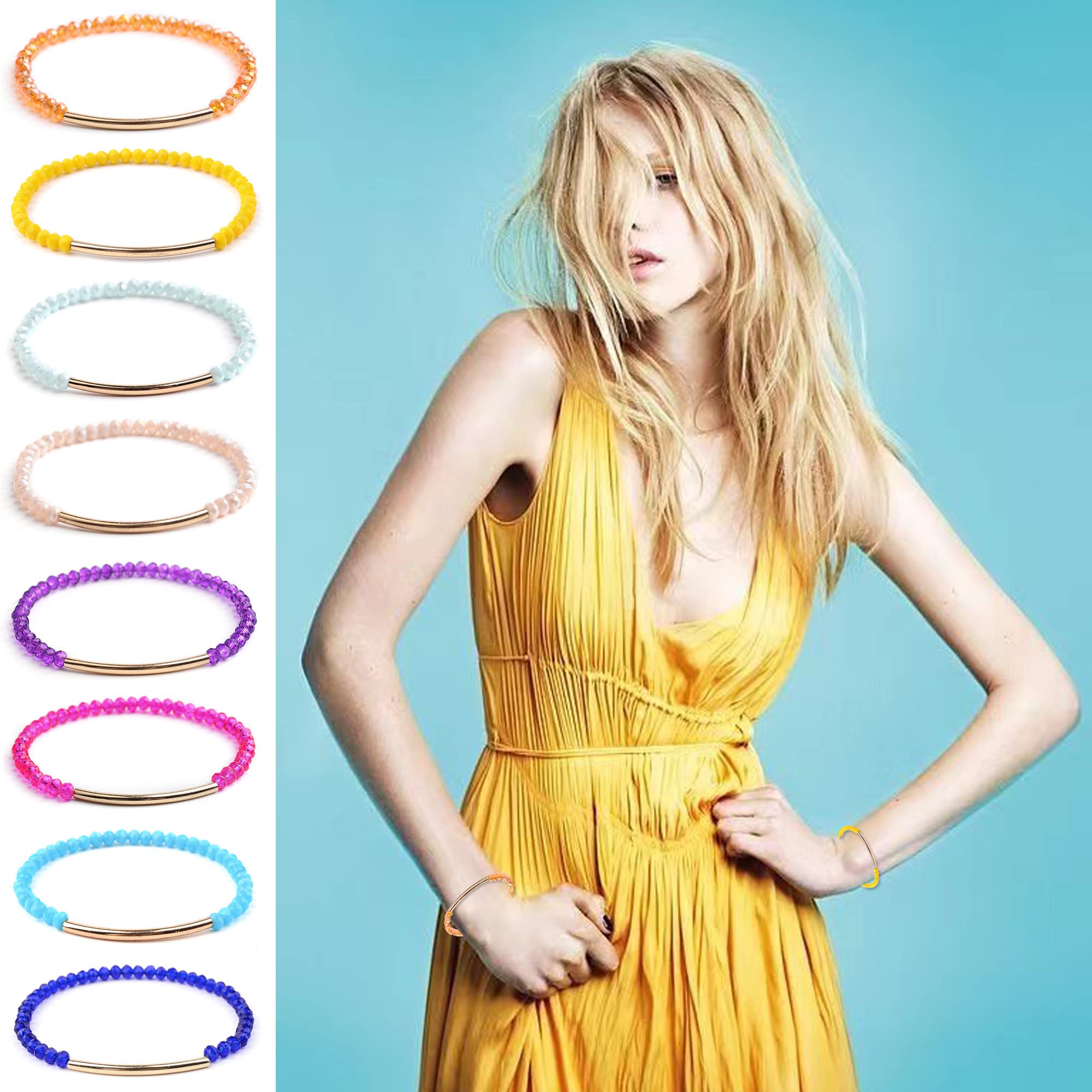 MOZAKA 20Pcs Tiny Crystal Beaded Bracelets for Women Bohemian Stackable Stretch Multicolor Versatile Crystal Strand Beads Bracelets For Women Gifts Jewelry