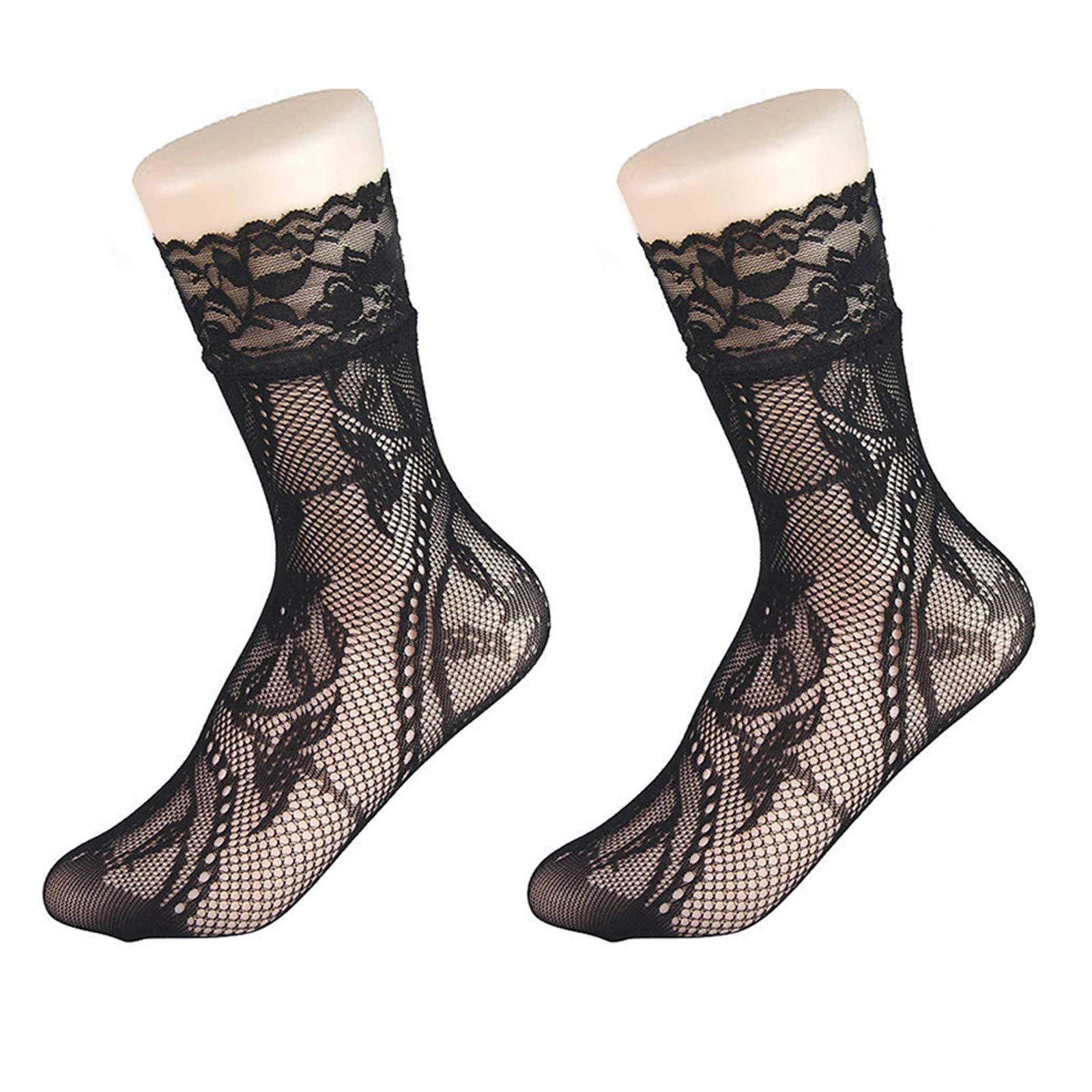 Lamdgbway 6 Pairs Women Lace Ankle Socks Fishnet Short Stockings Black 3
