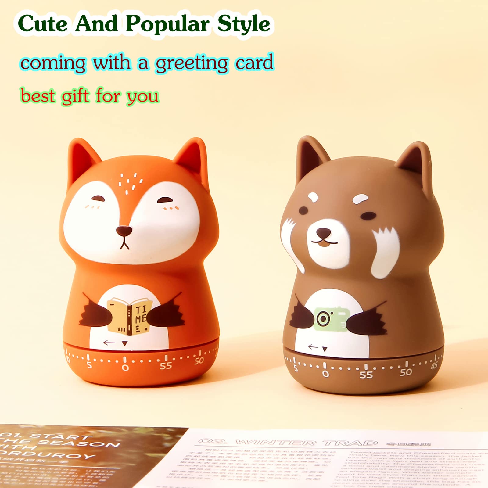 NUOSWEK Mechanical Kitchen Timer, Cute Animal Timer for Kids, Wind Up 60 Minutes Manual Countdown Timer for Classroom, Home, Study and Cooking (Orange Fox)
