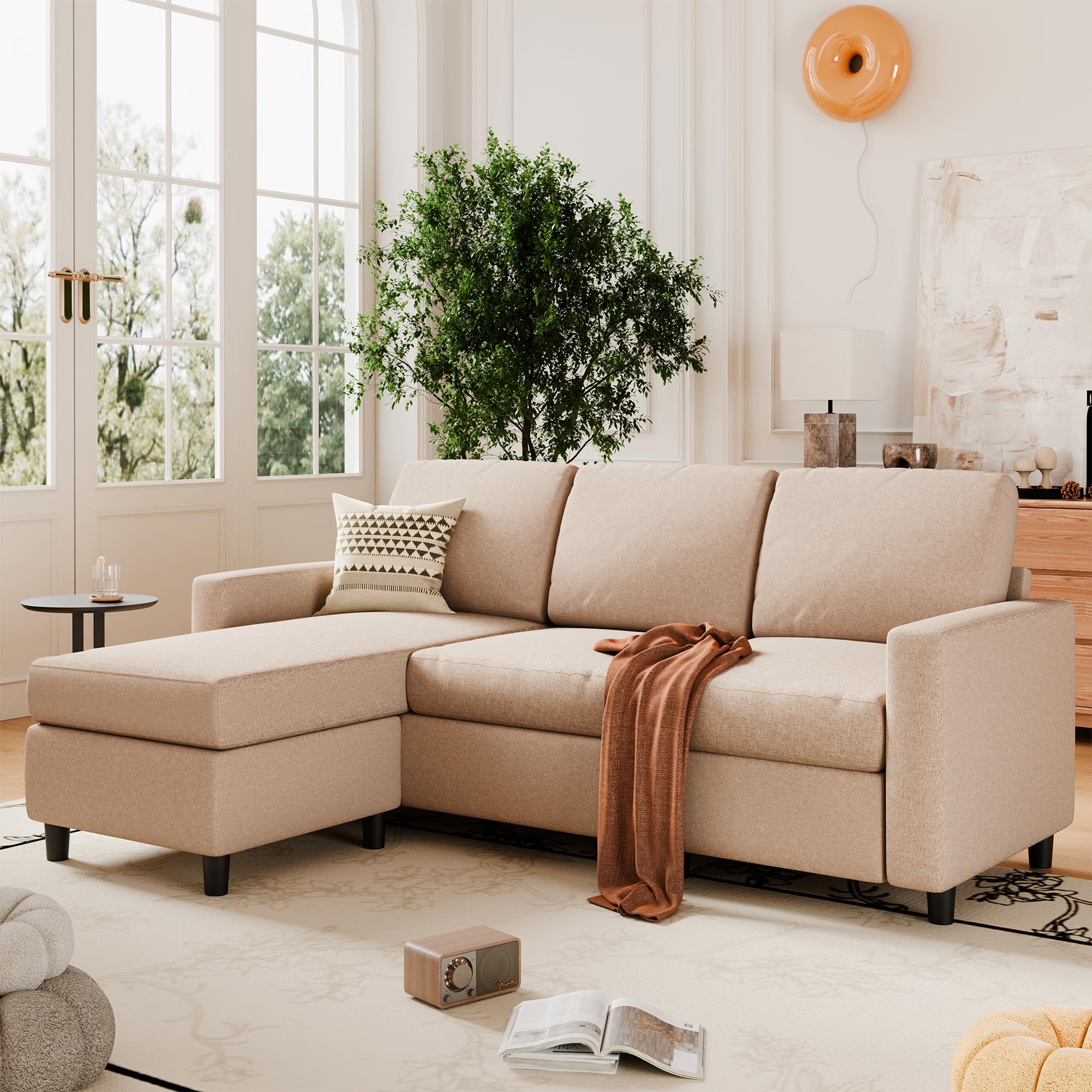 SUNLEI L-Shaped Couch Sofa for Living Room, Convertible Sectional Sofa with Reversible Chaise Modern Linen Fabric, Sectional Sofa Couch for Small Space(Beige