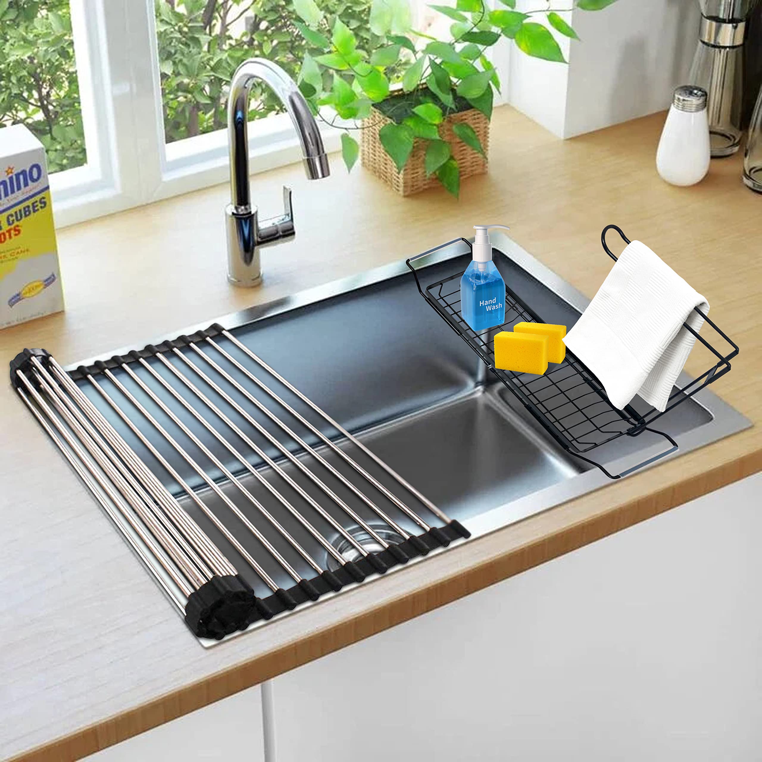 MK3 roll up Dish Drying Rack for Kitchen Counter , with Sponge Holder for Kitchen Sink Caddy Organizer Telescopic Storage Black