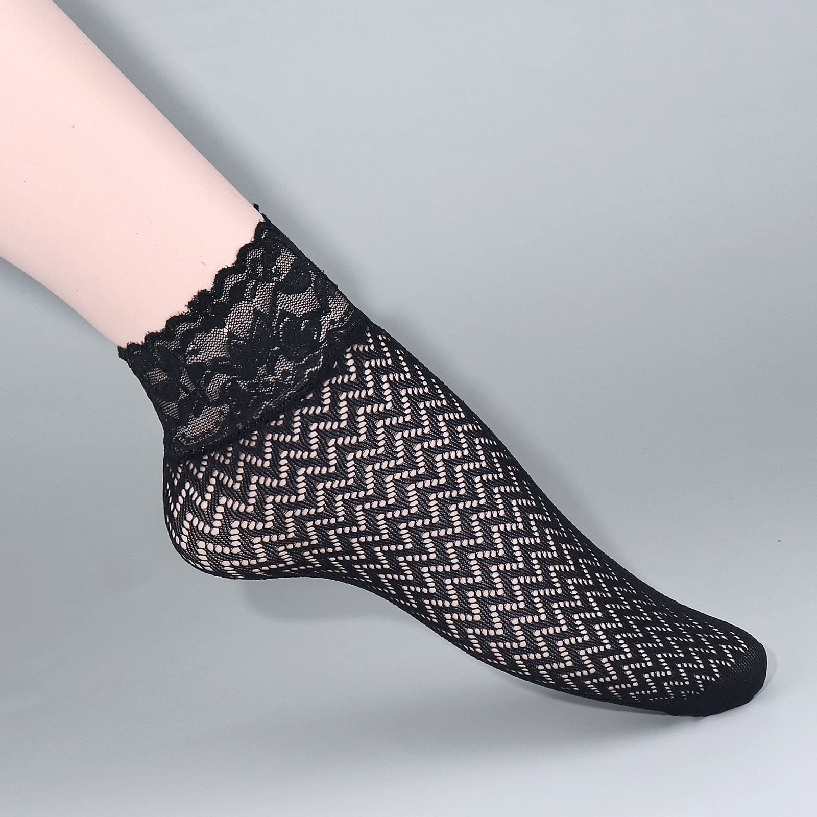 Lamdgbway 6 Pairs Women Lace Ankle Socks Fishnet Short Stockings Black 5