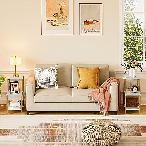Snughome End Table with Charging Station, Narrow Side Table, 3 Tier Modern Nightstand with USB Ports and Outlet, Sofa Beside Table for Living Room, Bedroom,White and Gold