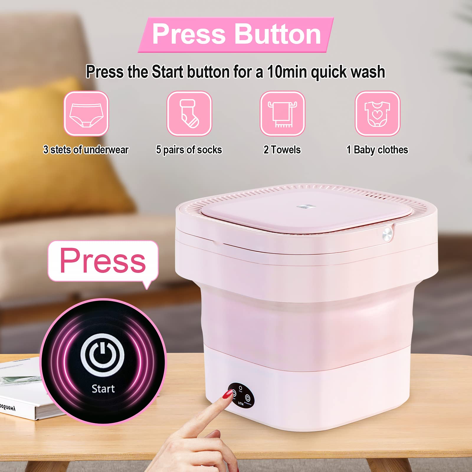 LITM Upgraded Portable Washing Machine with Socks Laundry Bag & Double Blue-Ray Design, Foldable Mini Washer for Small Spaces, Studio Apartment, Camping, Valentines day gifts for Friend or Family (Pink)
