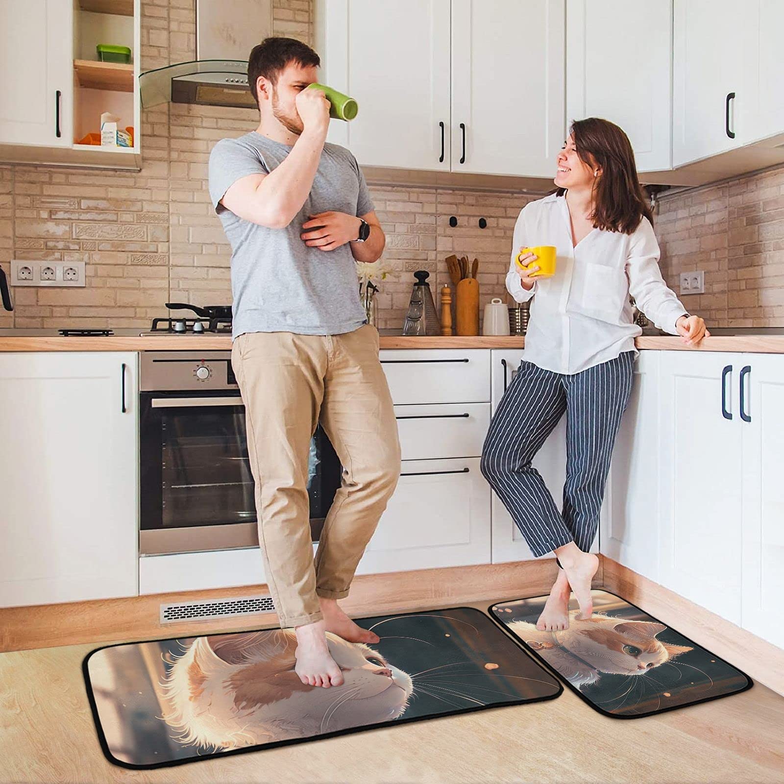 NFMILI (Anime Beautiful Cat) Kitchen Mat 2 PCS Cushioned Anti-Fatigue Kitchen Rug, Waterproof Non-Slip Floor Mats Thick Ergonomic Comfort Standing Mat for Kitchen Sink Laundry room bedroom living room