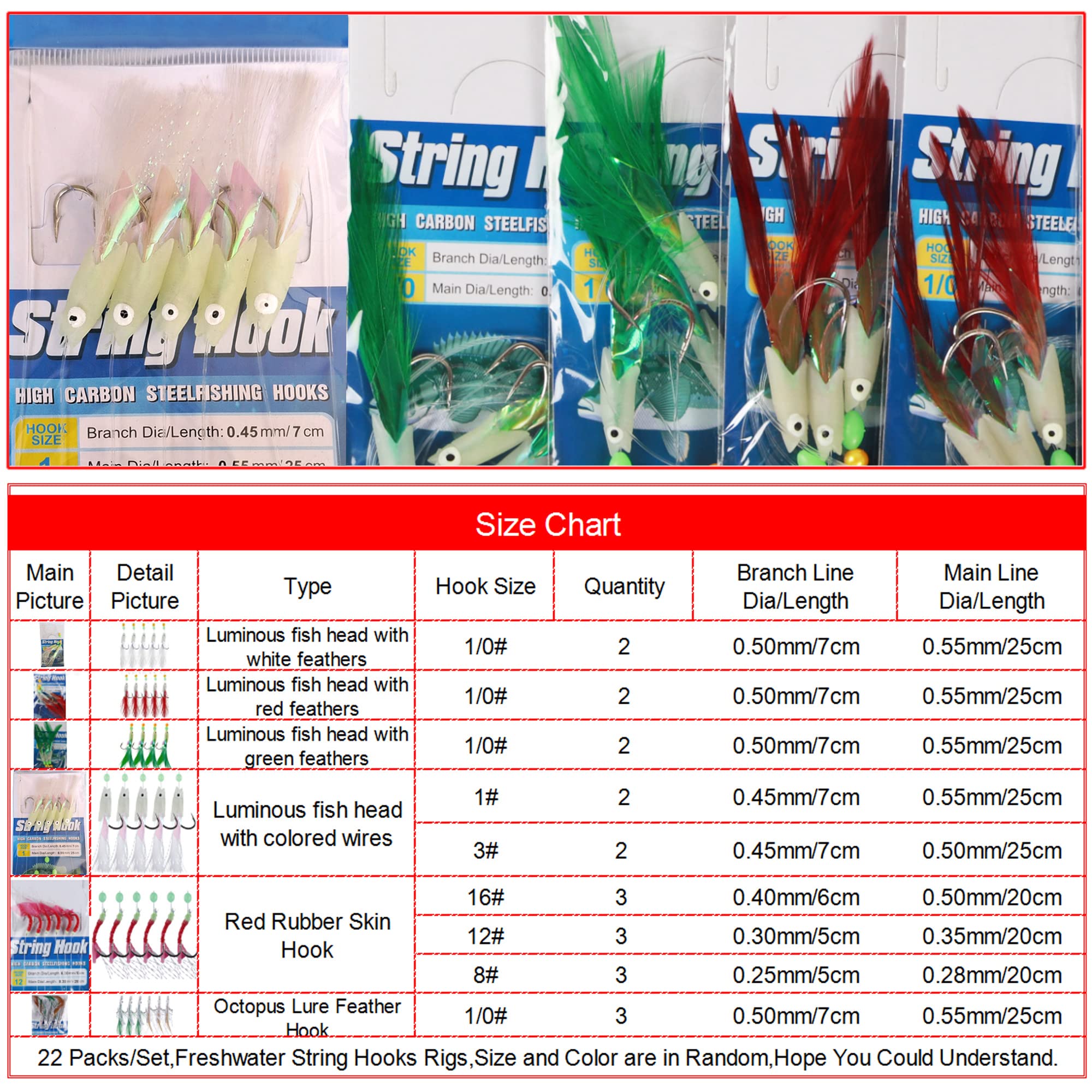 LSPAR 22 Packs Fishing Rigs Bait Saltwater Accessories Kit, Luminous Bait Rigs with String Hook and Bead,Fishing Lure Bait Rig Tackle