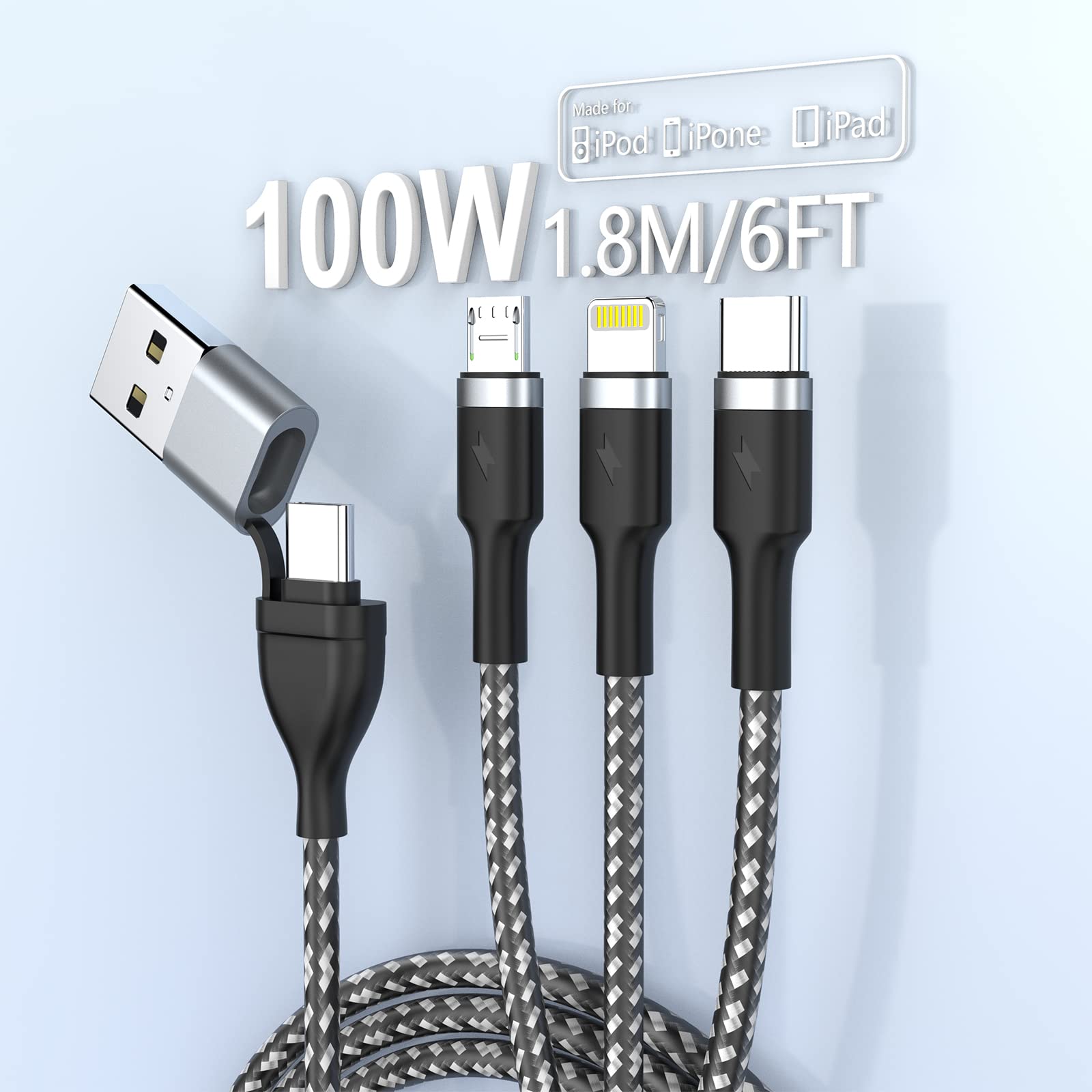 MTAKYI 100W USB C Multi Fast Charging Cable 6FT 6A PD 66W 2-in-3 Universal Quick Charging Cable, Multi Charger Cable with MFI iPhone/Type C/Micro Connectors Fast Sync Charger Adapter for Laptop/Phone