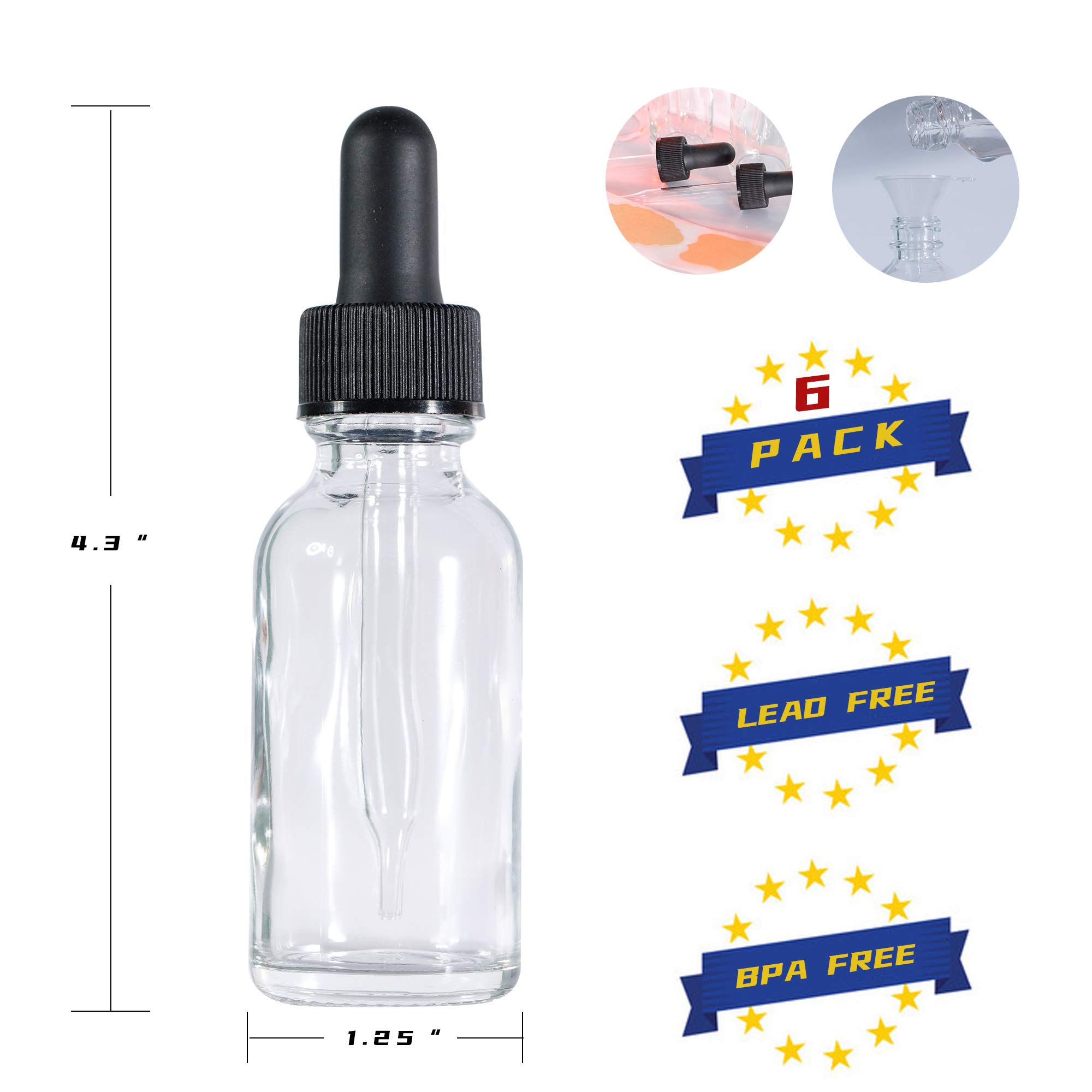 Poadool 6 Pack 1oz (30ml) Dropper Bottles, Tincture Bottles with Dropper, Clear Glass Boston Round Bottle with Glass Eye Dropper, 1ml Stronger Suction