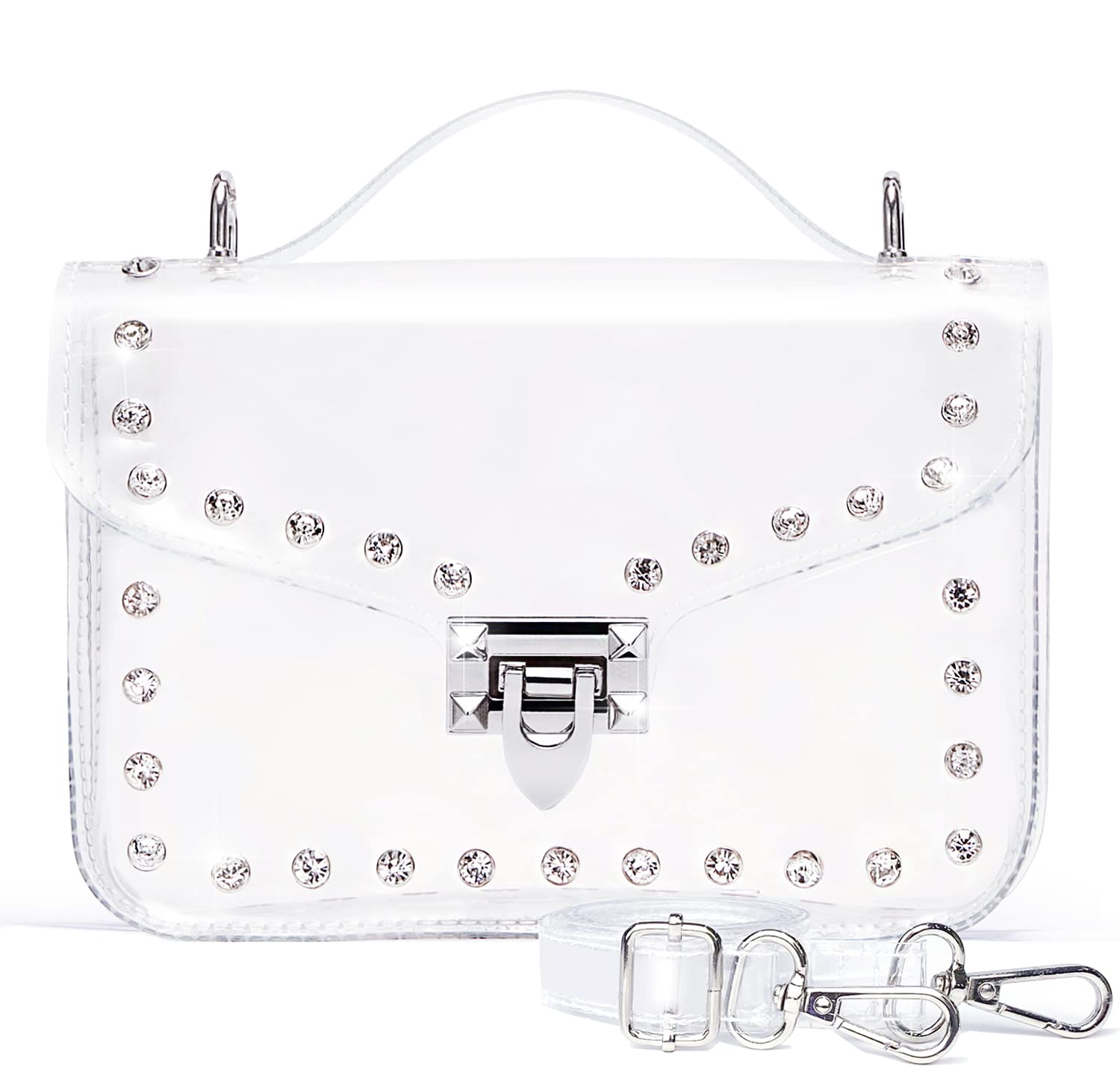 OllarKt Clear Purses For Women, Small Clear Clutch Purse Clear Crossbody Bag Stadium Approved Silver Rhinestone Embellished Evening Bag, Gift for Women