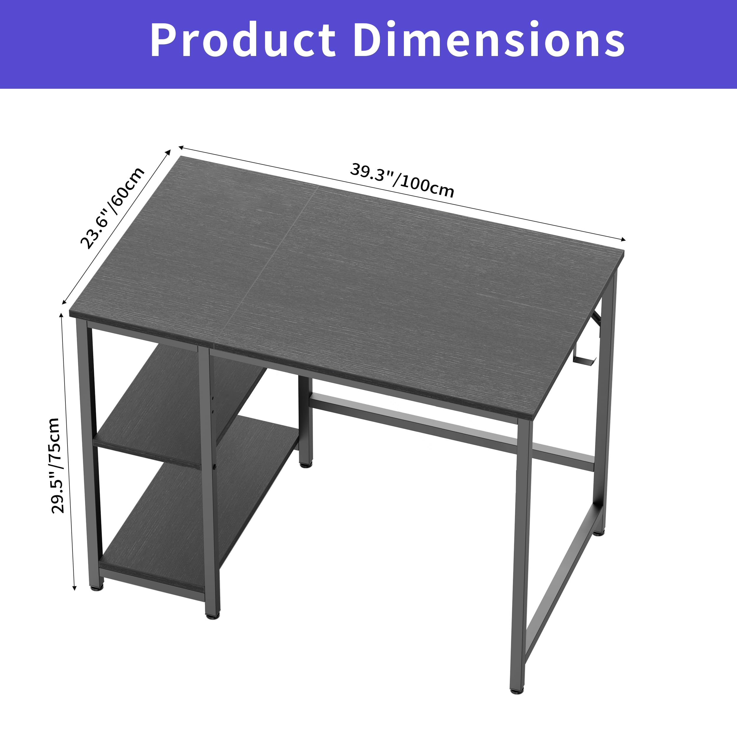 JOISCOPE Home Office Computer Desk,Small Study Writing Desk with Wooden Storage Shelf,2-Tier Industrial Morden Laptop Table with Splice Board,40 inches(Black Oak Finish)