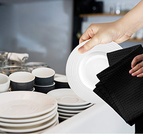 Nap n Dish Kitchen Towels 100% Cotton Waffle Weave Dish Towels, Set of 12 Bar Towels, Quick Drying Tea Towels with Hanging Loop, Washable Bar Towels for Table/Kitchen Cleaning-Black