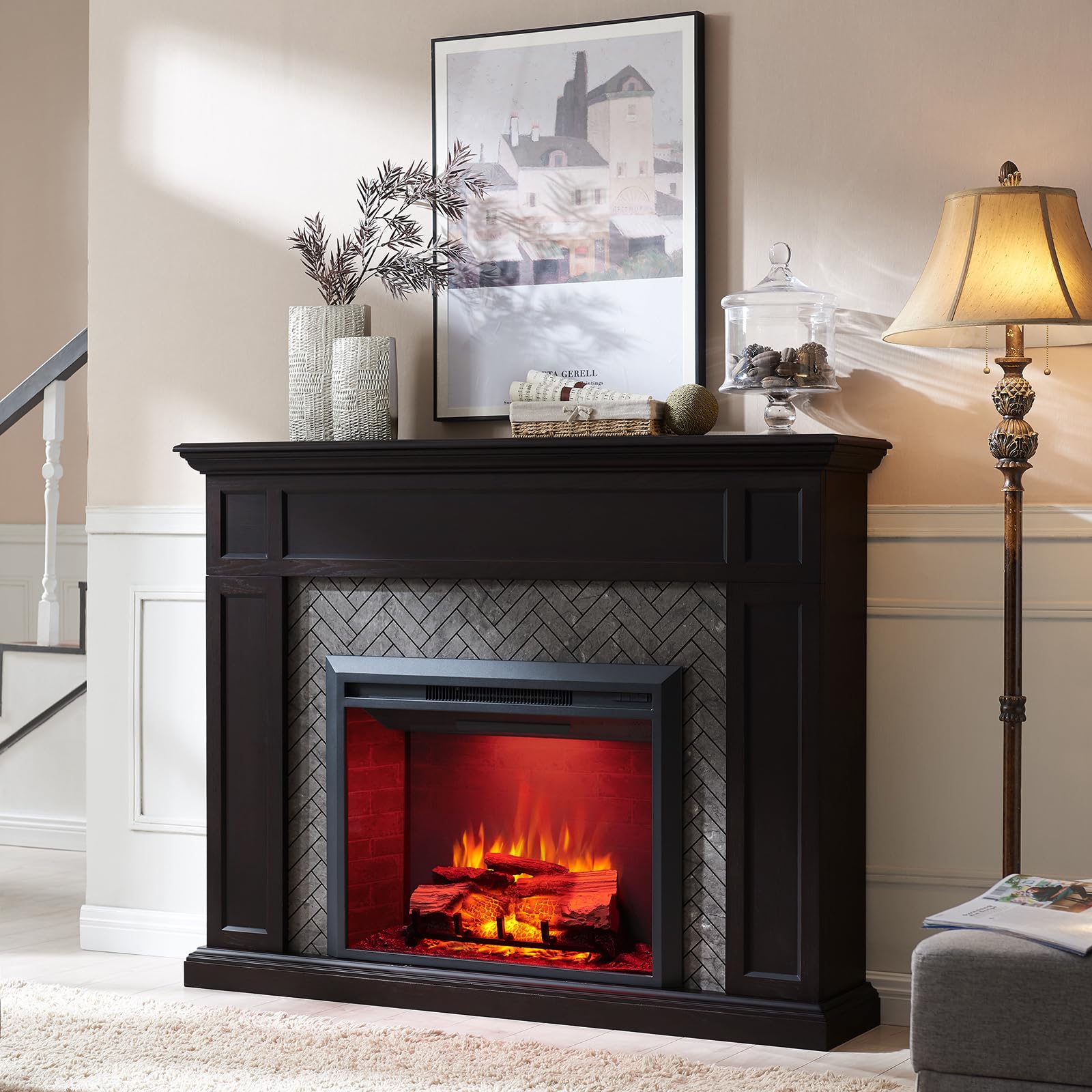 LegendFlame® Hailey Electric Fireplace with 55" Mantel Surround and Carl 28" Insert, Cream White with Light Grey Brick Finish