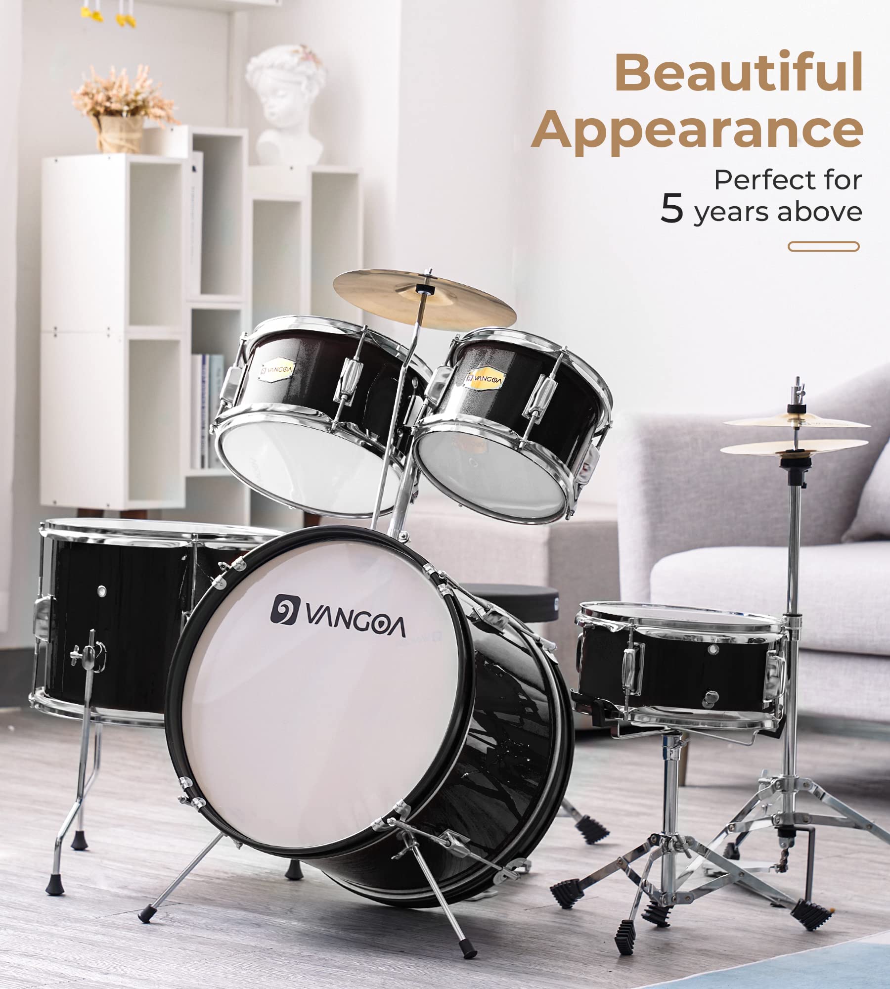 Kids Drum Set, 5 Piece Junior Drum Set for Beginner, 16 Inch Drum Set for Student Children Teens Starter Kits with Adjustable Throne Cymbal Pedal Drumsticks, Black, by Vangoa