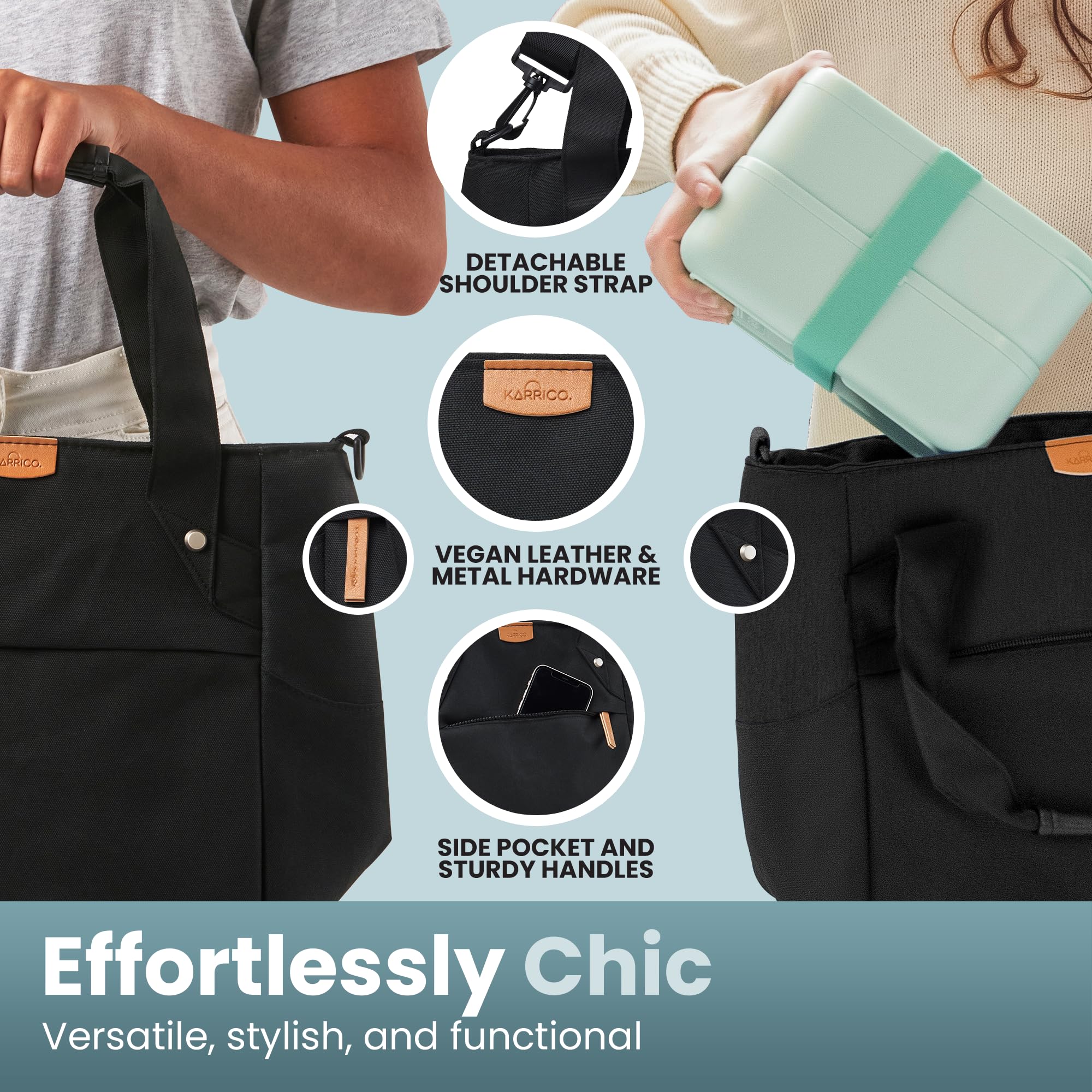 KARRICO Extra Spacious Insulated Lunch Bag for Women, Black, 10.5 L, BPA-Free, BioCote, Stylish & Functional