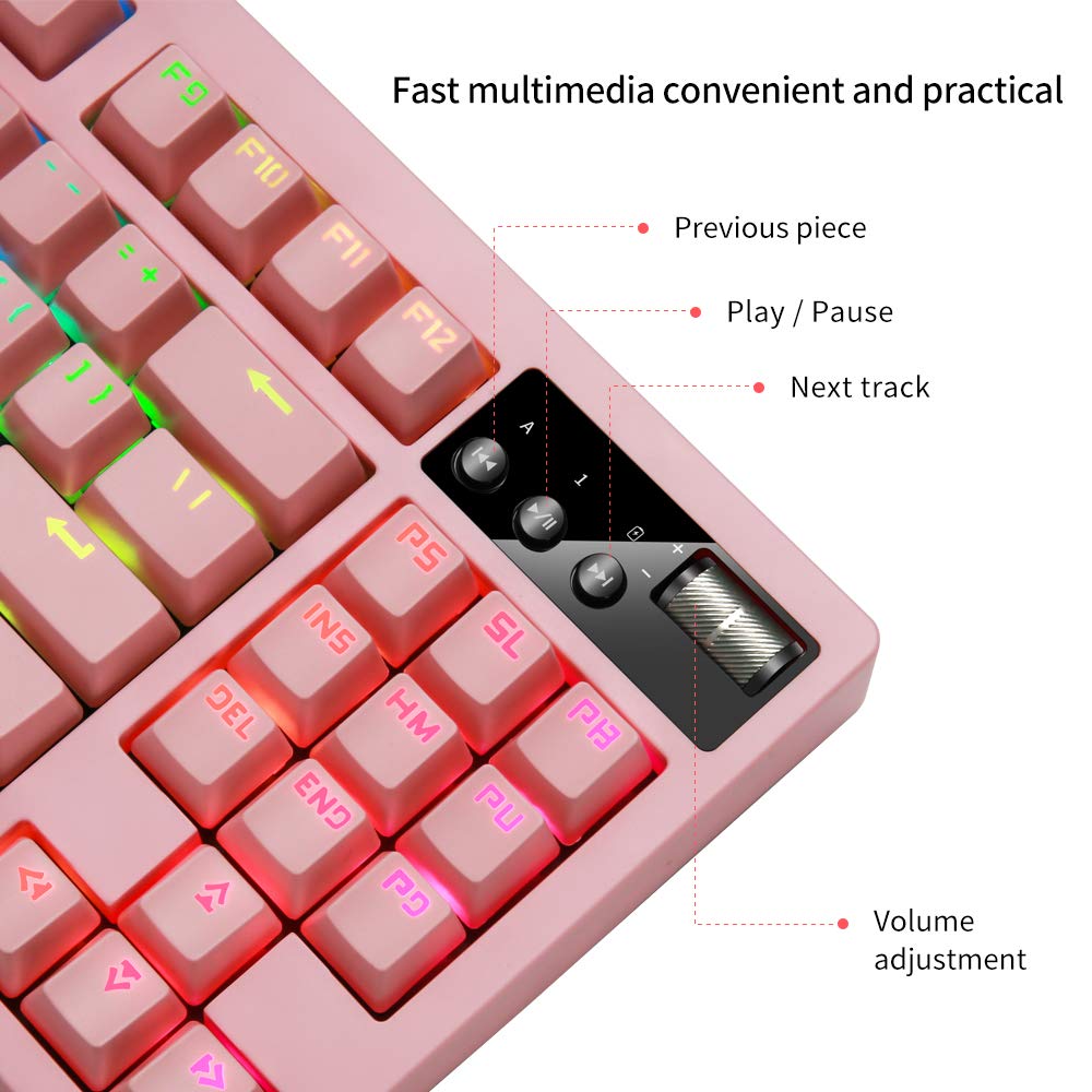 K51 Wireless Gaming Keyboard and Mouse Combo, Wireless Mechanical Keyboard/RGB Backlit Compact 87 Key/4000DPI Mouse, Rechargeable 3800mAh Battery for PC Gaming and Office-Pink