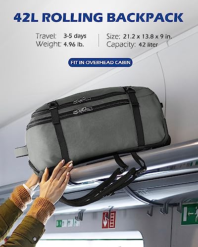 Hynes Eagle 2 in 1 Rolling Backpack 42L Backpack with Wheels Airline Approved Carry on Luggage Laptop Travel Backpack for Women Men Grey with 20L Personal Item Underseat Bag Black