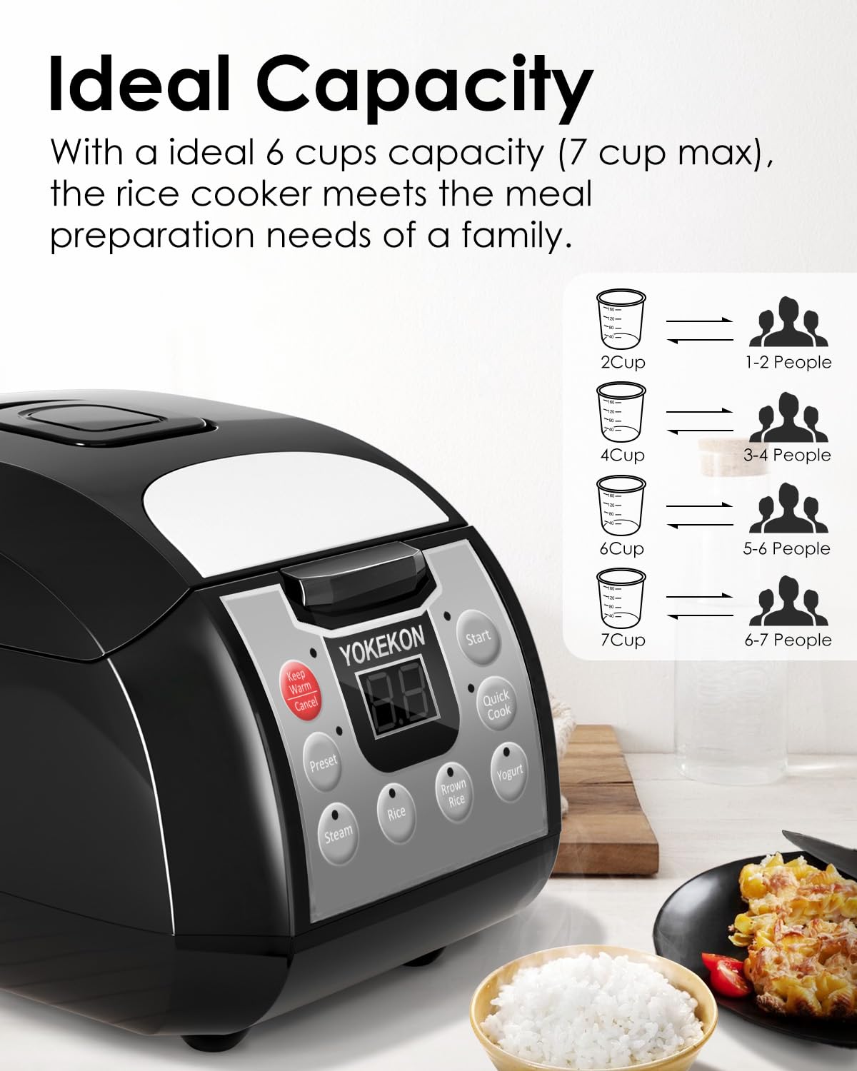 Rice Cooker 6 Cup, Stainless Steel Inner Pot Rice Cooker, YOKEKON Professional 6 Cup Uncooked Rice Cooker with Basket Steamer, 24H Delay Timer and Auto Keep Warm, Rice/Quick Cook/Brown Rice/Steam/Yogurt, Black