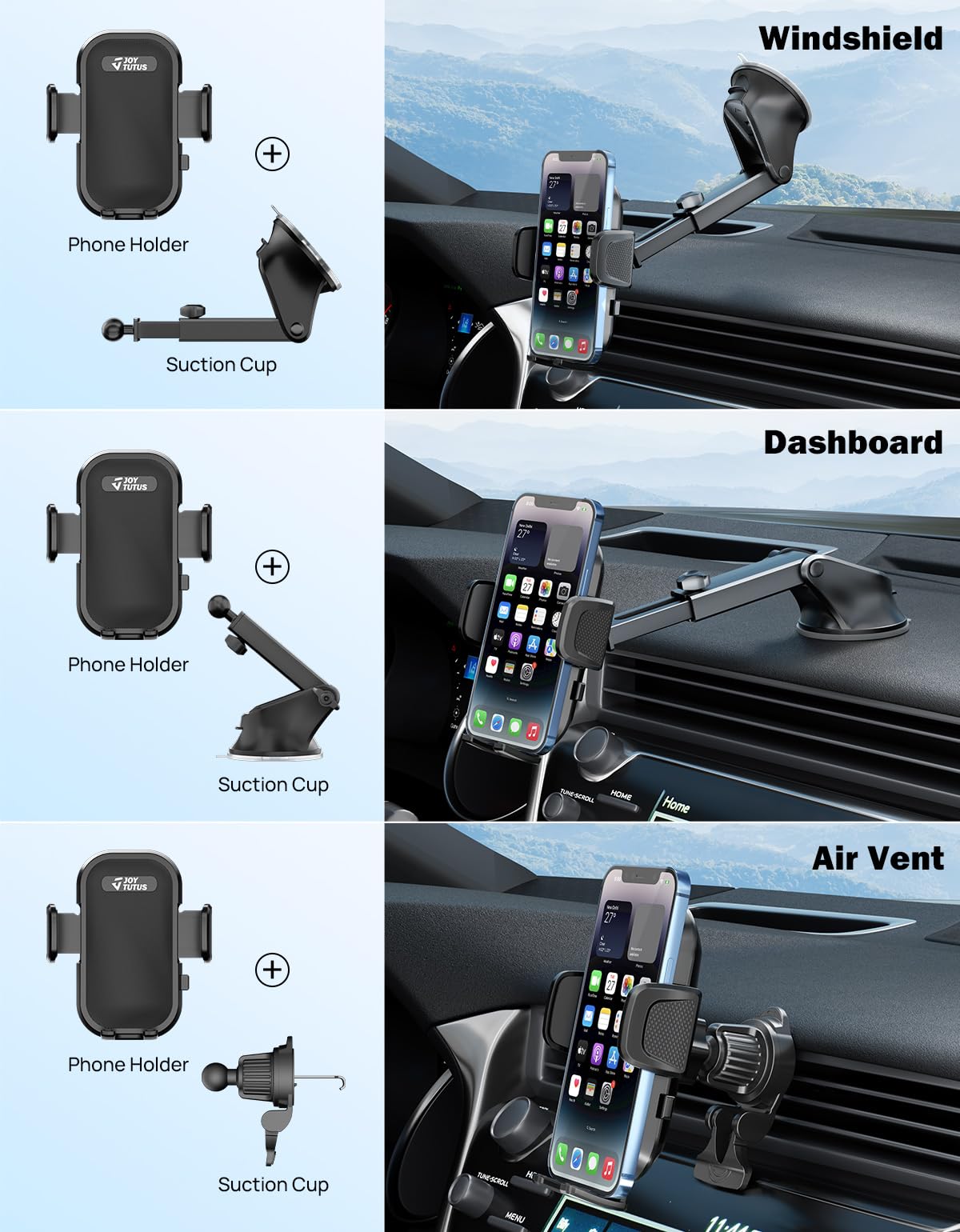 JOYTUTUS Universal Phone Holder Car, [Military-Grade Suction & Stable Clip] Phone Mount for Car Dashboard Windshield Air Vent, Hands-Free Cell Phone Holder Car Fit iPhone Samsung All Smartphones