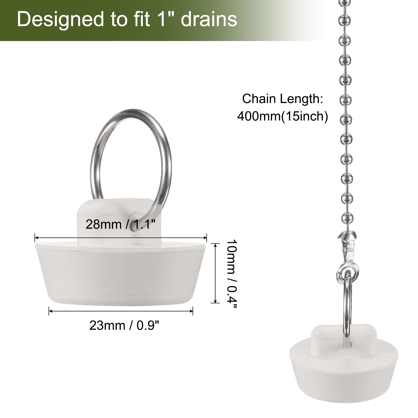 uxcell 2 Pcs Tub Stoppers, Rubber Bathtub Stoppers 1-1/4" Kitchen Sink Drain Stopper, Bathroom Drain Plug with Pull Ring and 15" Beaded Chain, White