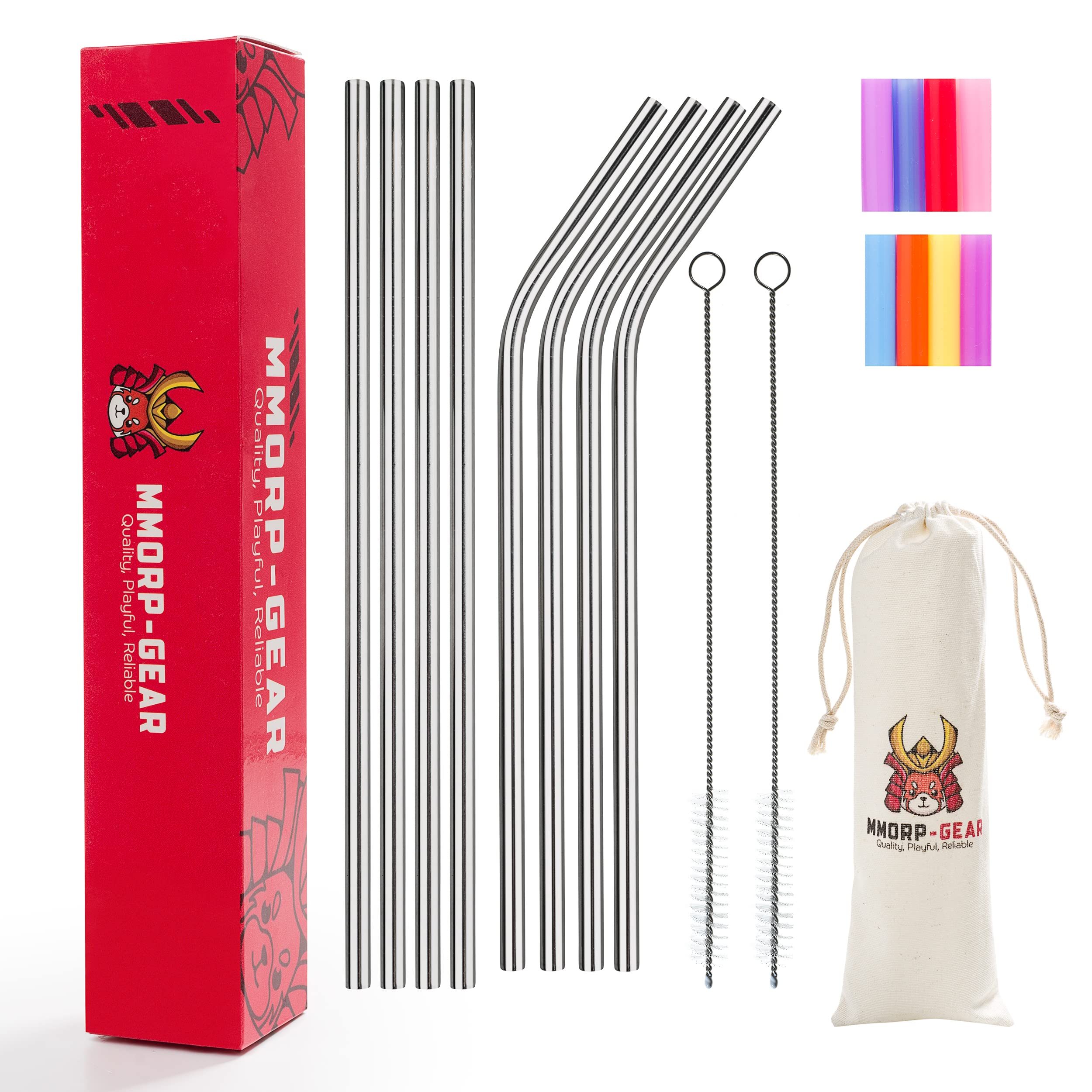 MMORP-GEAR Stainless Steel Straws with Silicone Tips - Reusable Straw Set with 4 Straight Metal Straws, 4 Long Bendy Drinking Straws, 8 Colored Tips, 2 Pieces Straw Cleaner Brush & 1 Travel Pouch