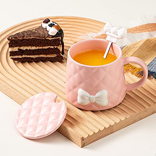 MOMEITU Kawaii Mug Cup Cute Bow Ceramic Cup Cute Girl Water Cup Cute Milk Cup Cute Coffee Cup Kawaii Band Water Cup(350ML,Pink)