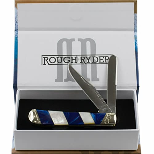 Rough Rider Blue Ocean White Trapper Pocket Knife Rr2021 Open Folding Blades Outdoor Survival Hunting Knife for Camping by Survival Steel