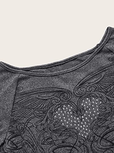 SOLY HUX Women's Rhinestone Heart Print T Shirt Bell Long Sleeve Fitted Y2K Tee Tops Solid Grey L